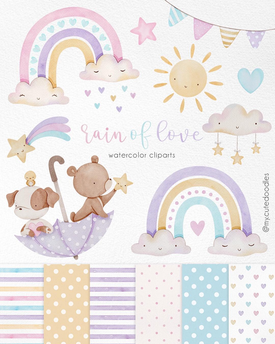 Rain of Love Watercolor Clipart, Pastel Rainbow Clipart, Cute Weather ...