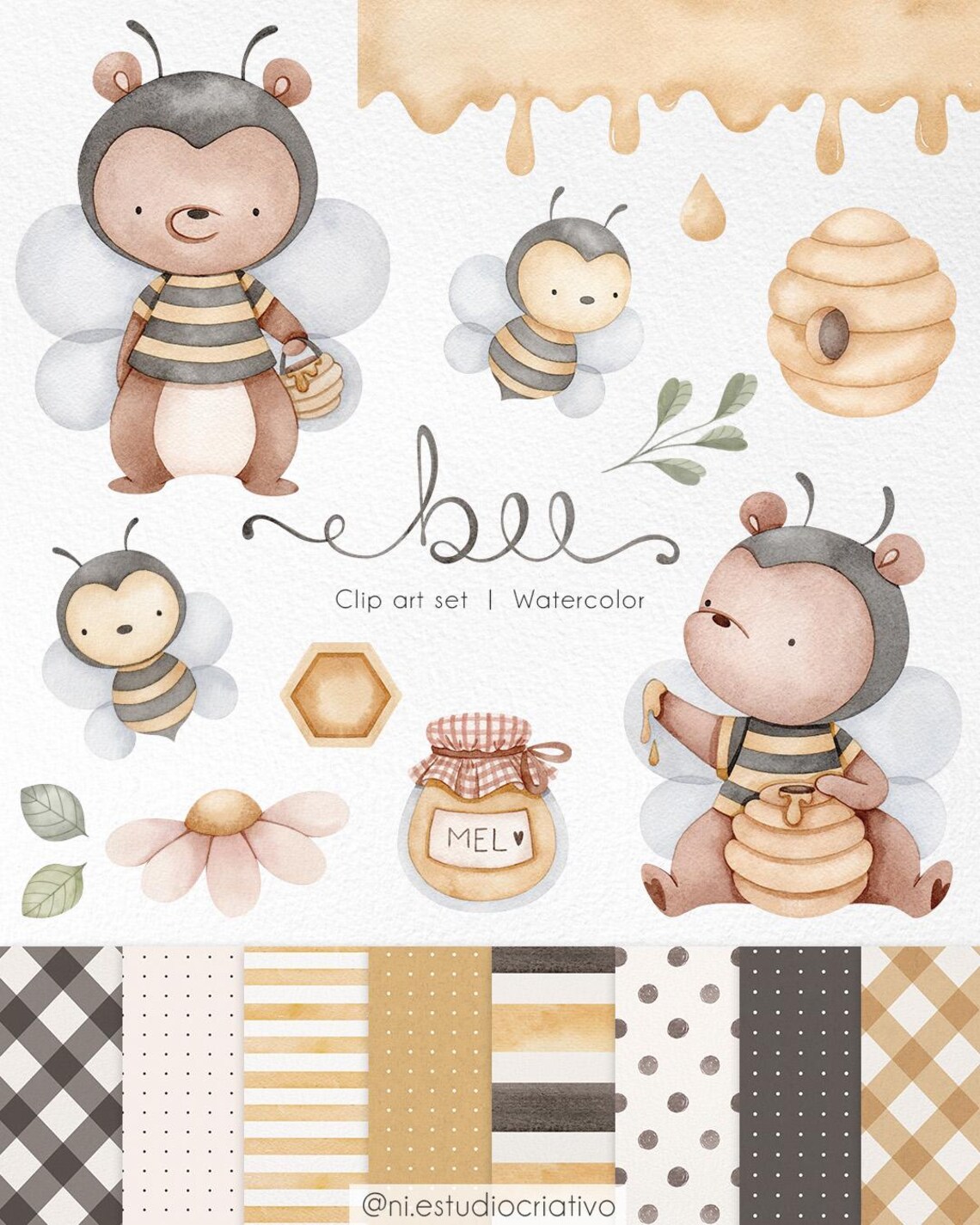 Little Bee Watercolor Clipart, Baby Honey Bear, Honey Bees Watercolor ...
