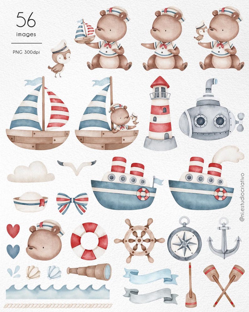 Little Sailor Watercolor Clipart, Cute Sailor Teddy Bear Clipart ...