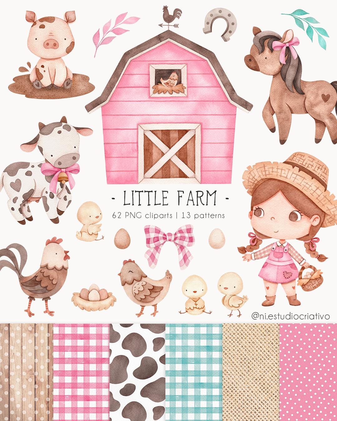 Little Pink Farm Watercolor Clipart, Farm Animals, Cute Farmer Girl ...