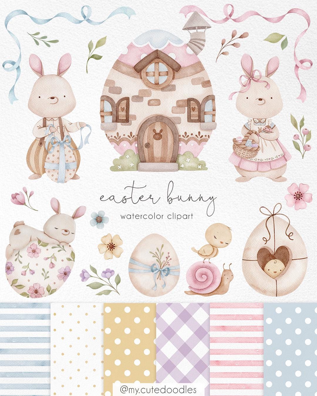 Easter Bunny Watercolor Clipart, Easter Eggs, Cute Rabbits and Lambs ...