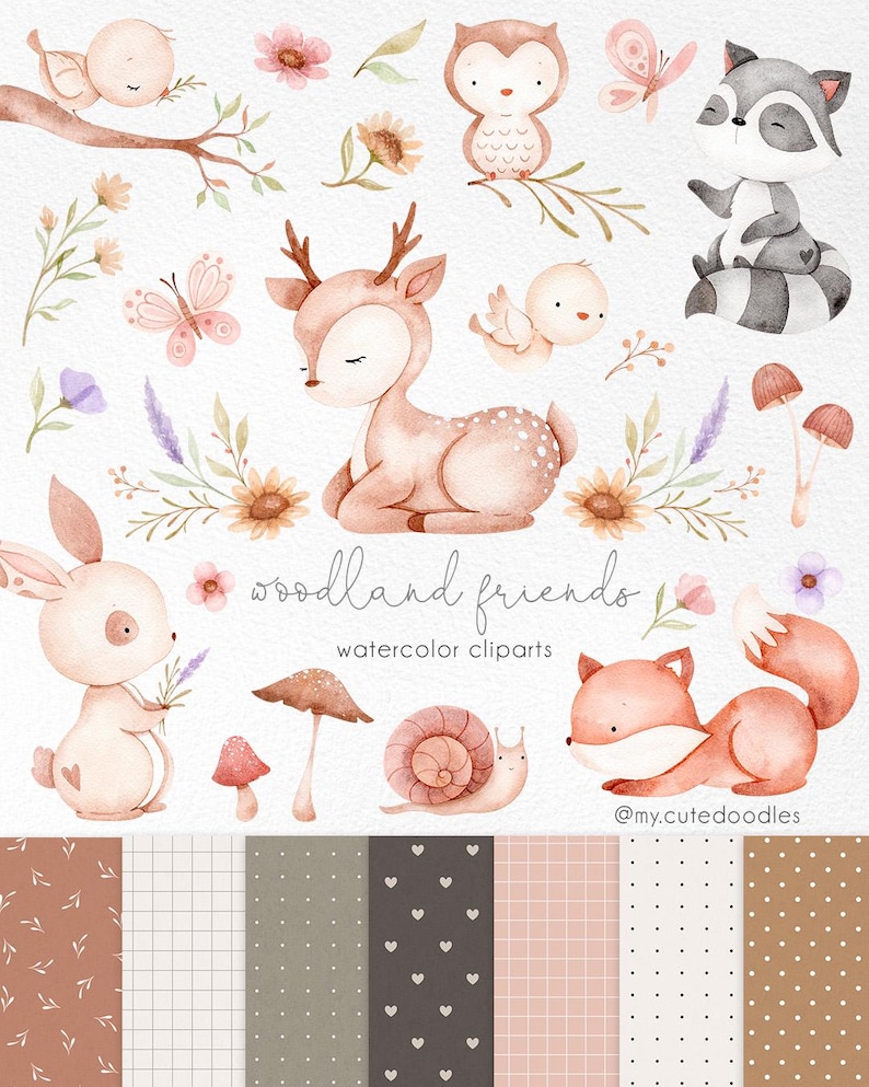 Woodland Animals Watercolor Clipart, Boho Woodland Clipart, Cute Baby ...
