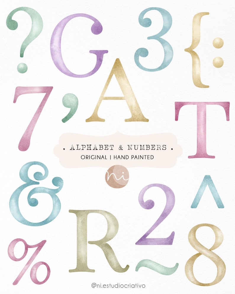 Alphabet and Numbers Watercolor Clipart, Candy Color Letters Clipart ...