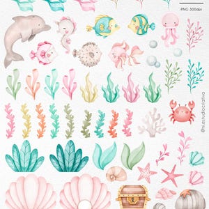 Cute Mermaids Watercolor Clipart, Under the Sea Animals, Baby Shower ...