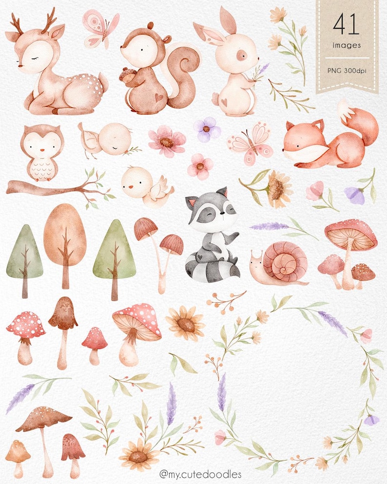 Woodland Animals Watercolor Clipart, Boho Woodland Clipart, Cute Baby ...