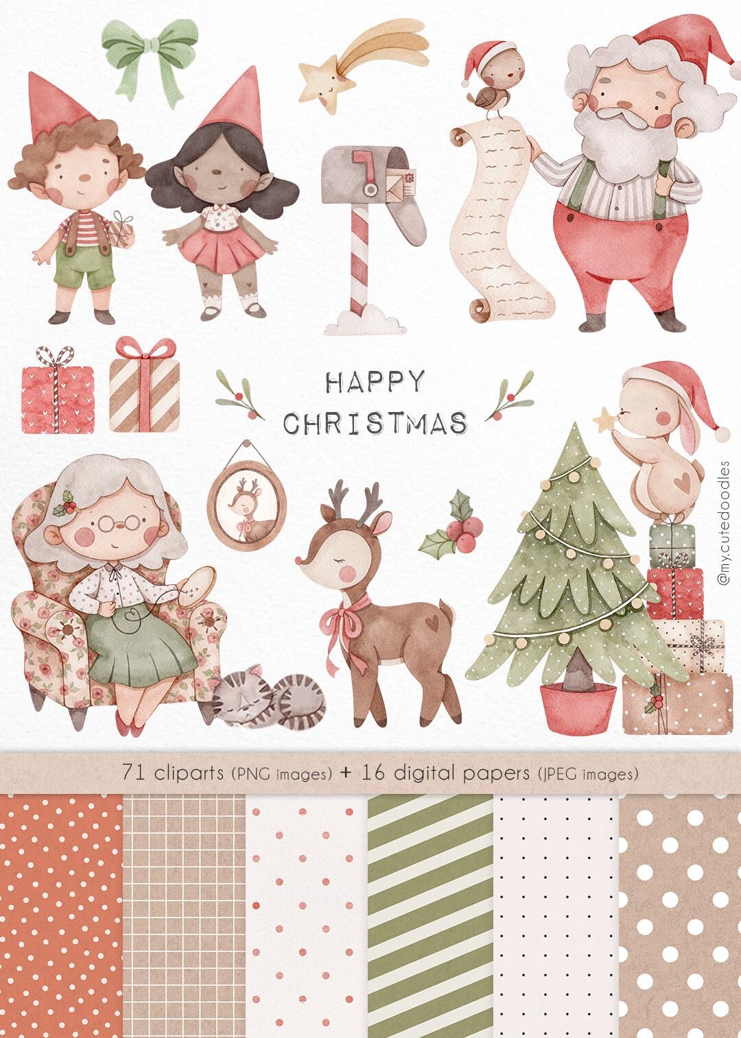 Watercolor Happy Christmas Clipart, Sweet Xmas PNG, Santa Claus Clip ...