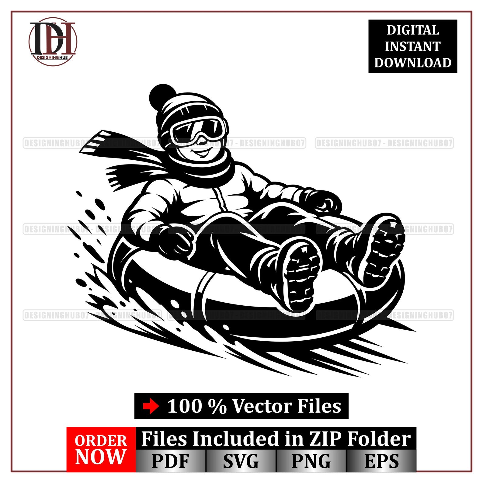 Snow Tubing Vector SVG : Winter Sledding Illustration Design (digital ...