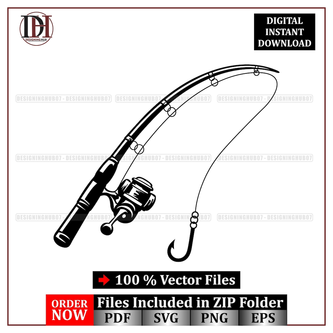 Fishing Rod SVG Vector, Angling Hook Reel Icon Design for Cricut ...