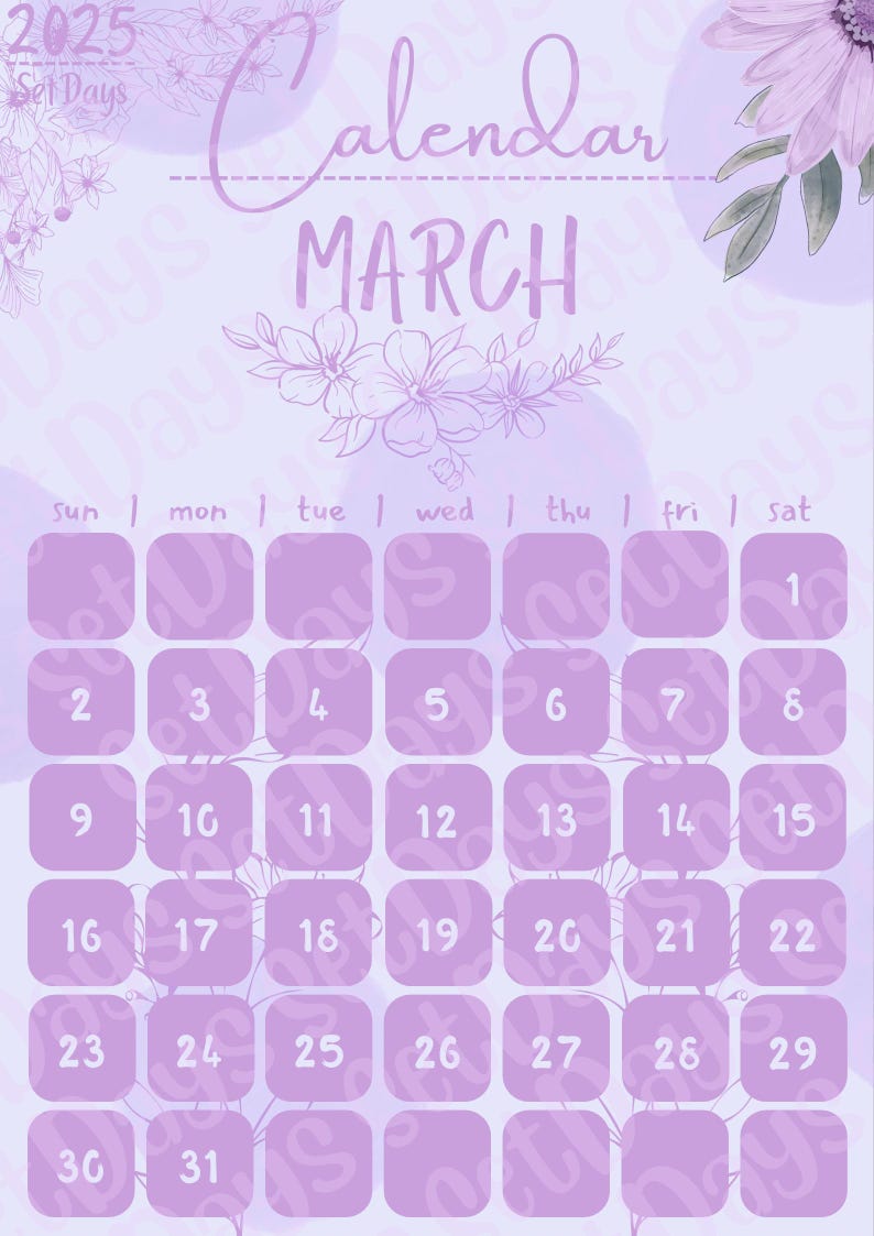 2025 Aesthetic March Calendar - Printable Pastel Purple Monthly Planner ...