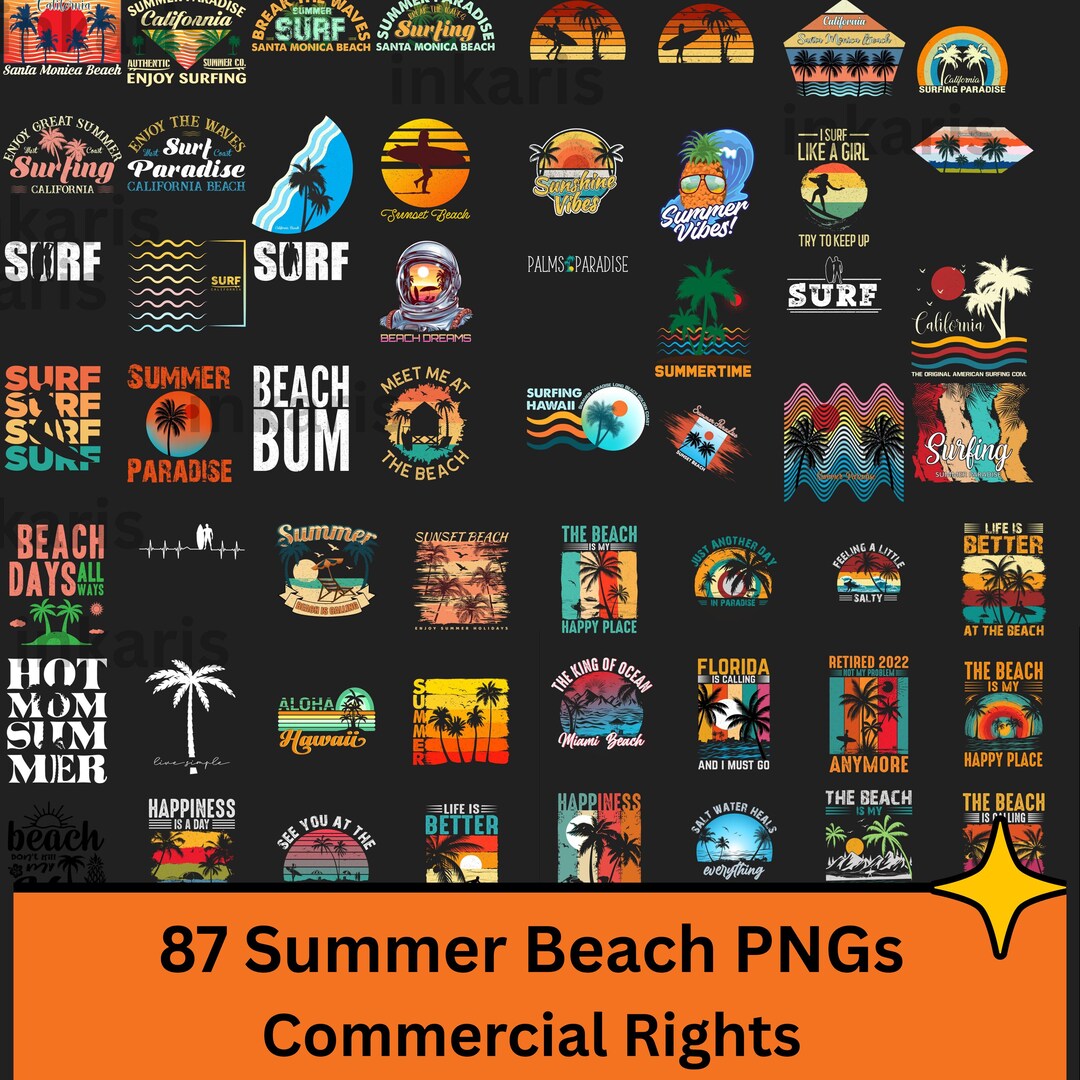 Retro Summer Beach PNG Clipart Bundle | Tropical Coastal Graphics ...