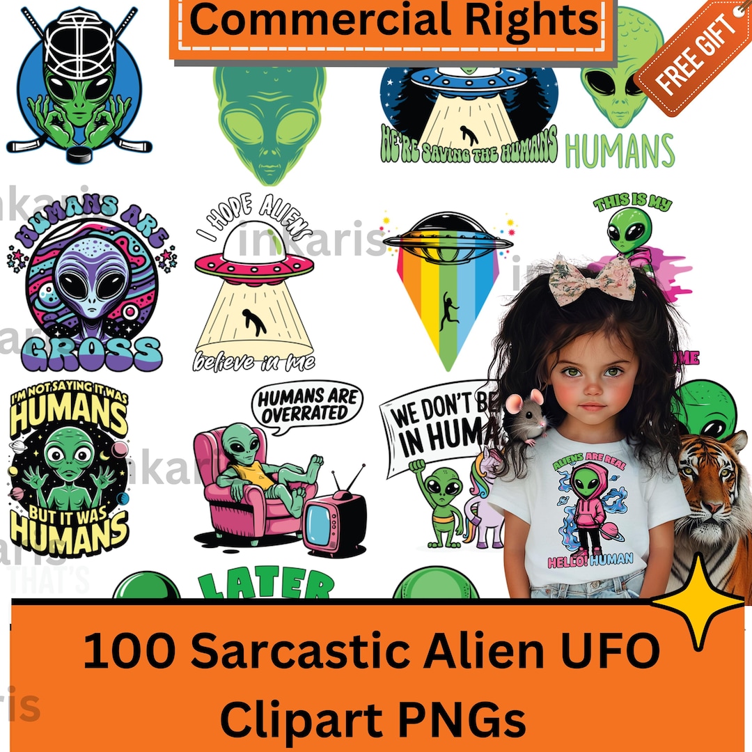 Funny Alien Clipart Bundle: Sarcastic UFO Pngs (commercial Use, Instant ...