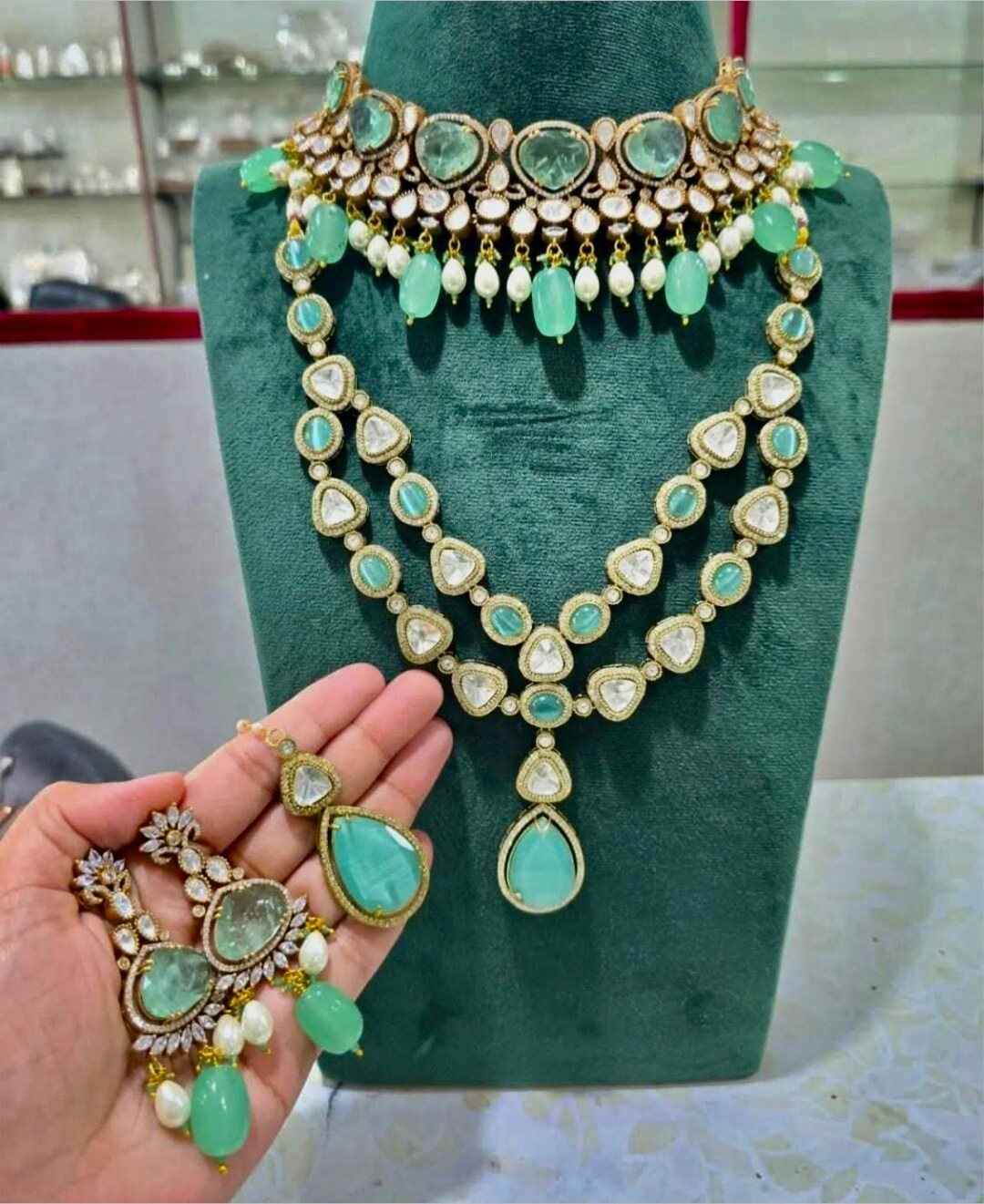 Doublets Stones Mint and Turquoise Long and Short Necklace Set With ...