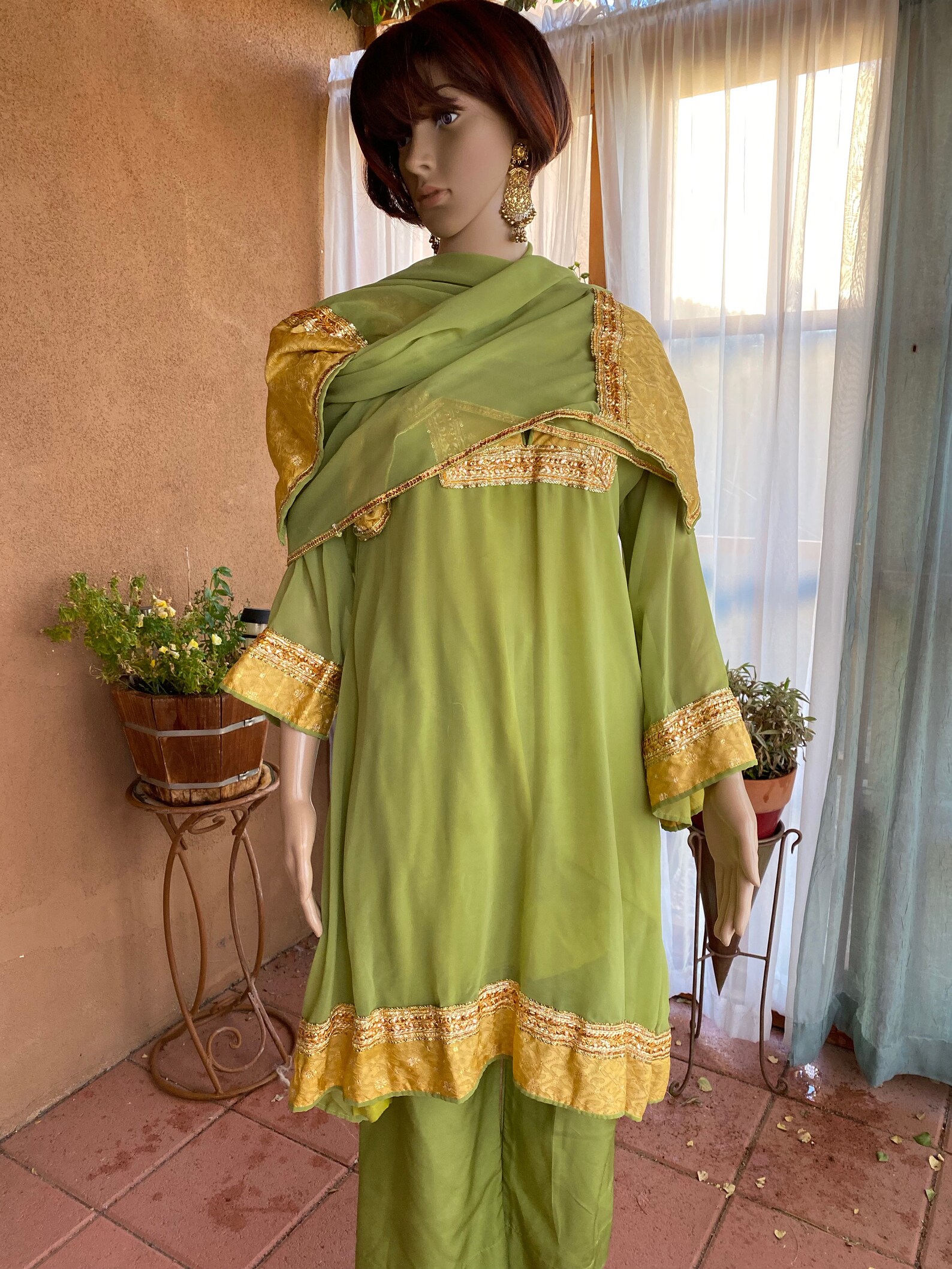Sheer Indian Pakistani Punjabi three Pieces Green and Gold Set - Etsy