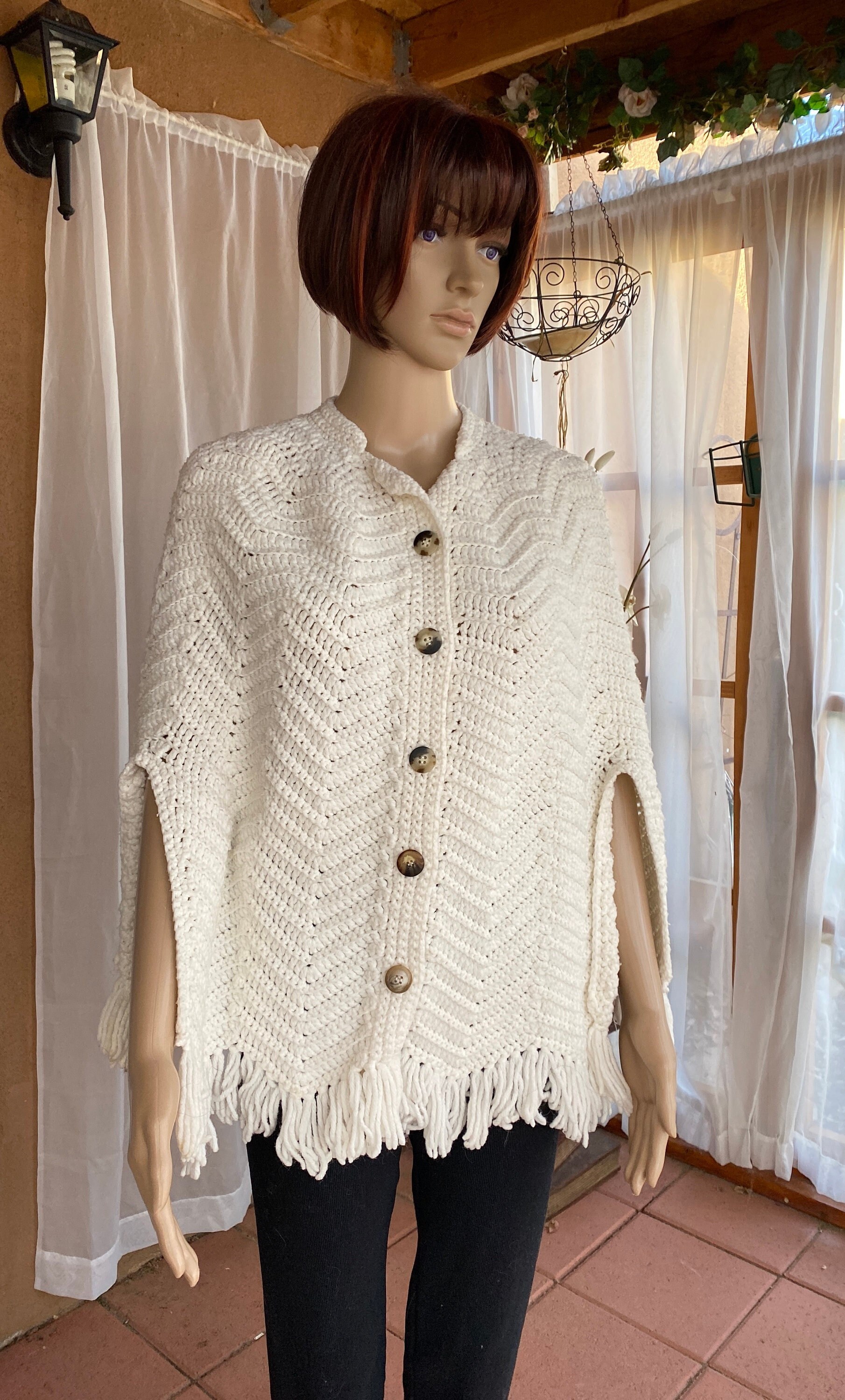 Vintage 70's - Hand Knit Crochet - White Poncho With Hands Slits and ...