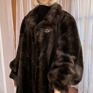 VINTAGE 90'S - Faux Dark Mink Fur Mid Length Coat. Pockets, Collar ...