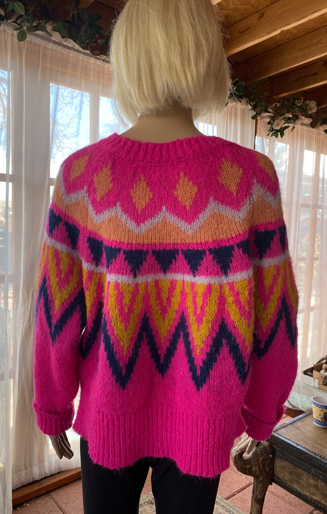 Bright Pink Pullover Sweater With Geometric Designs. Warm, Light. M/L ...