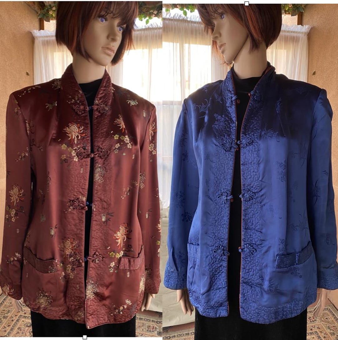 Reversible Satin Chinese Jacket: Navy Blue & Brown, Golden Floral ...