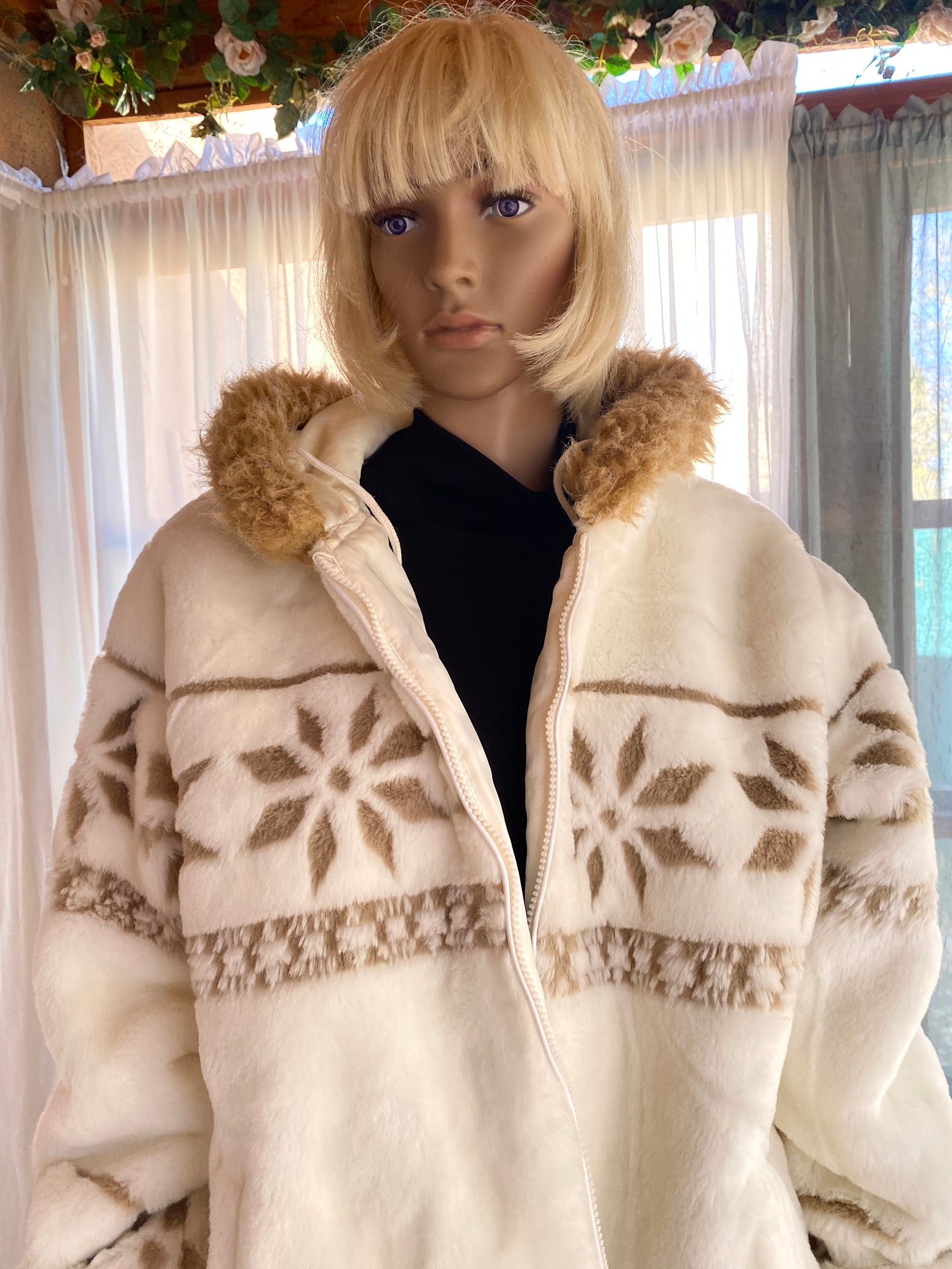 Faux Fur White Coat With Snow Flakes, REVERSIBLE as Rain Coat, Pockets ...