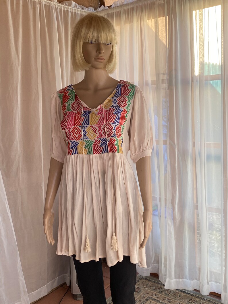 VINTAGE Greek Style Embroidered Tunic VELZERA. off White, Puff Sleeves ...