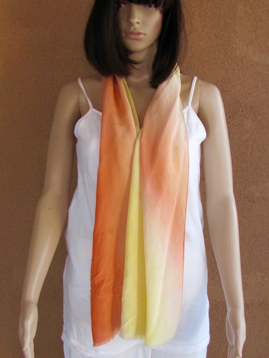 Silk Hand Painted Long Rectangular Scarf in Degraded Yellow and Peach ...