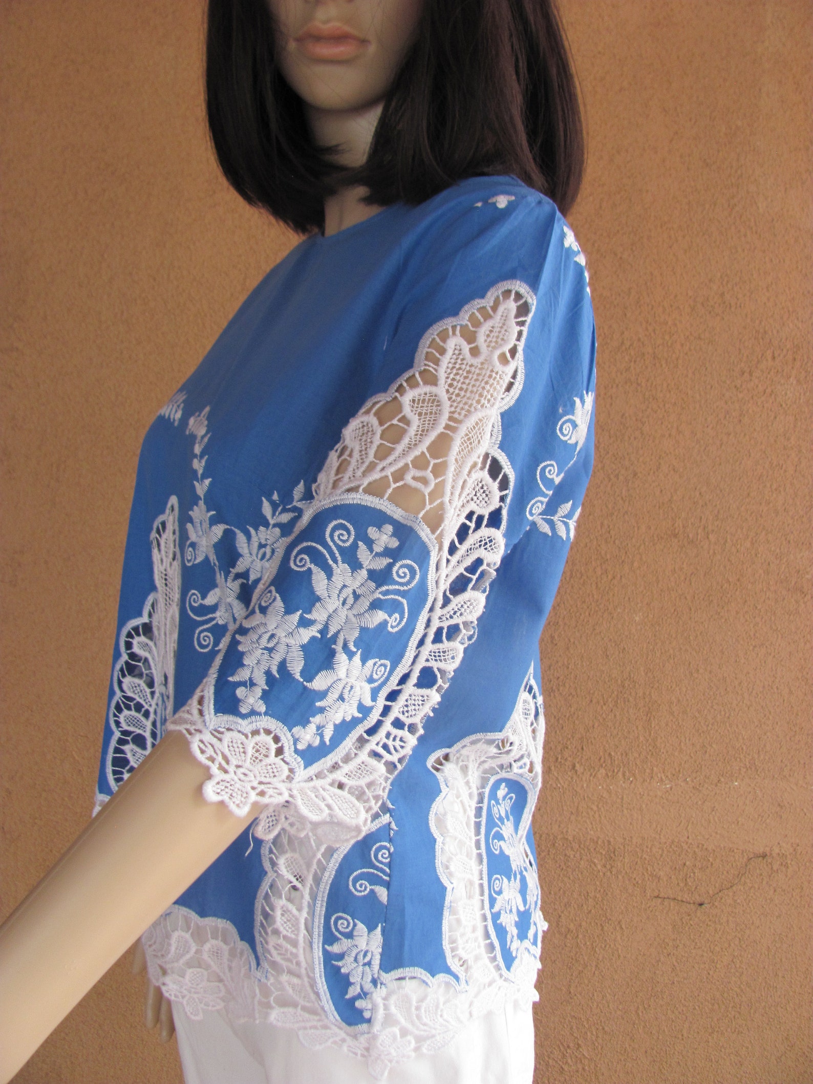 Lovely Cerulean Blue Short Sleeves Blouse With White Lace - Etsy