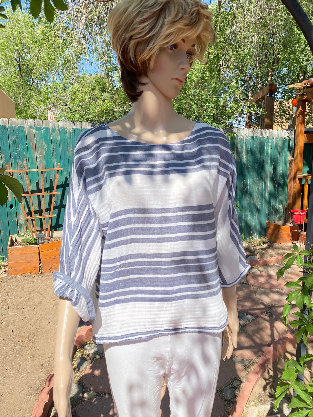 LOFT Petites - Very Soft and Light Cotton Top. Striped Grey and White ...