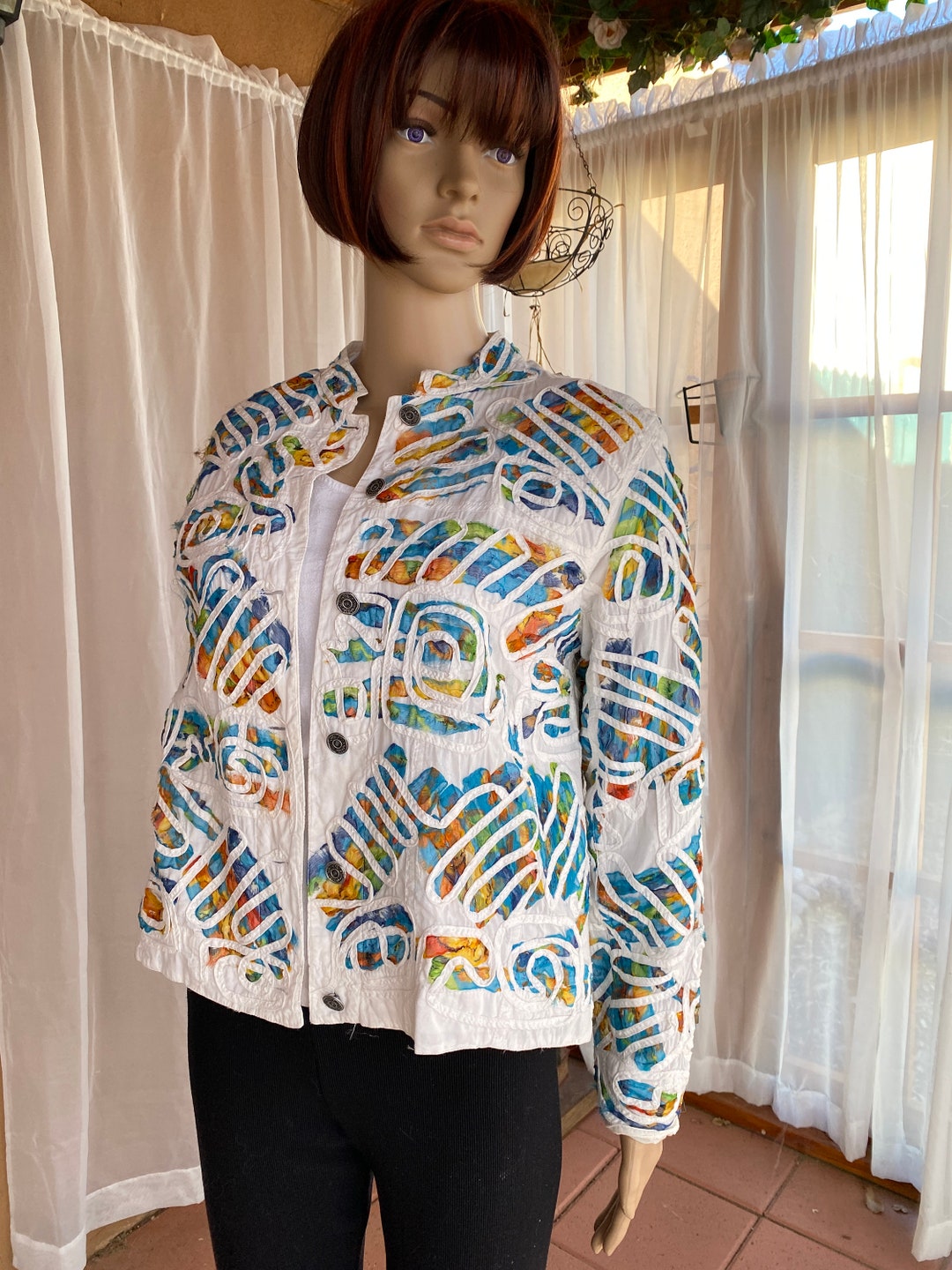 Vintage Chico's Crop Jacket: 90s White Mixed Media Appliqué - Etsy