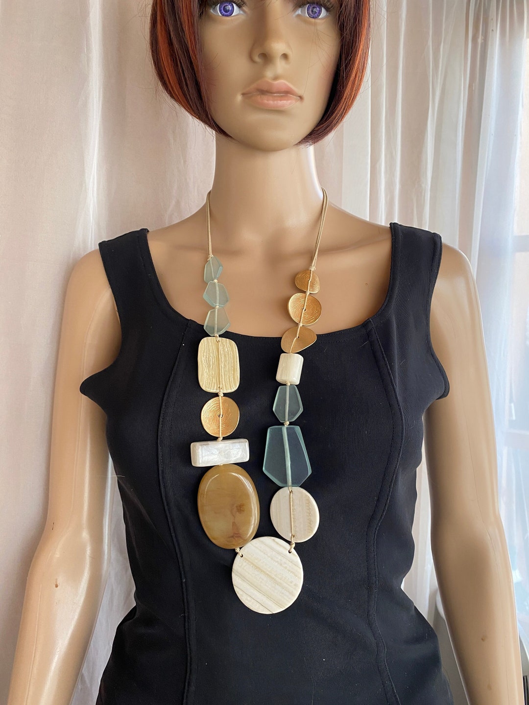 Chico's 90's Jewelry - Flat Lucite and Gold Metal Beads Long Necklace ...