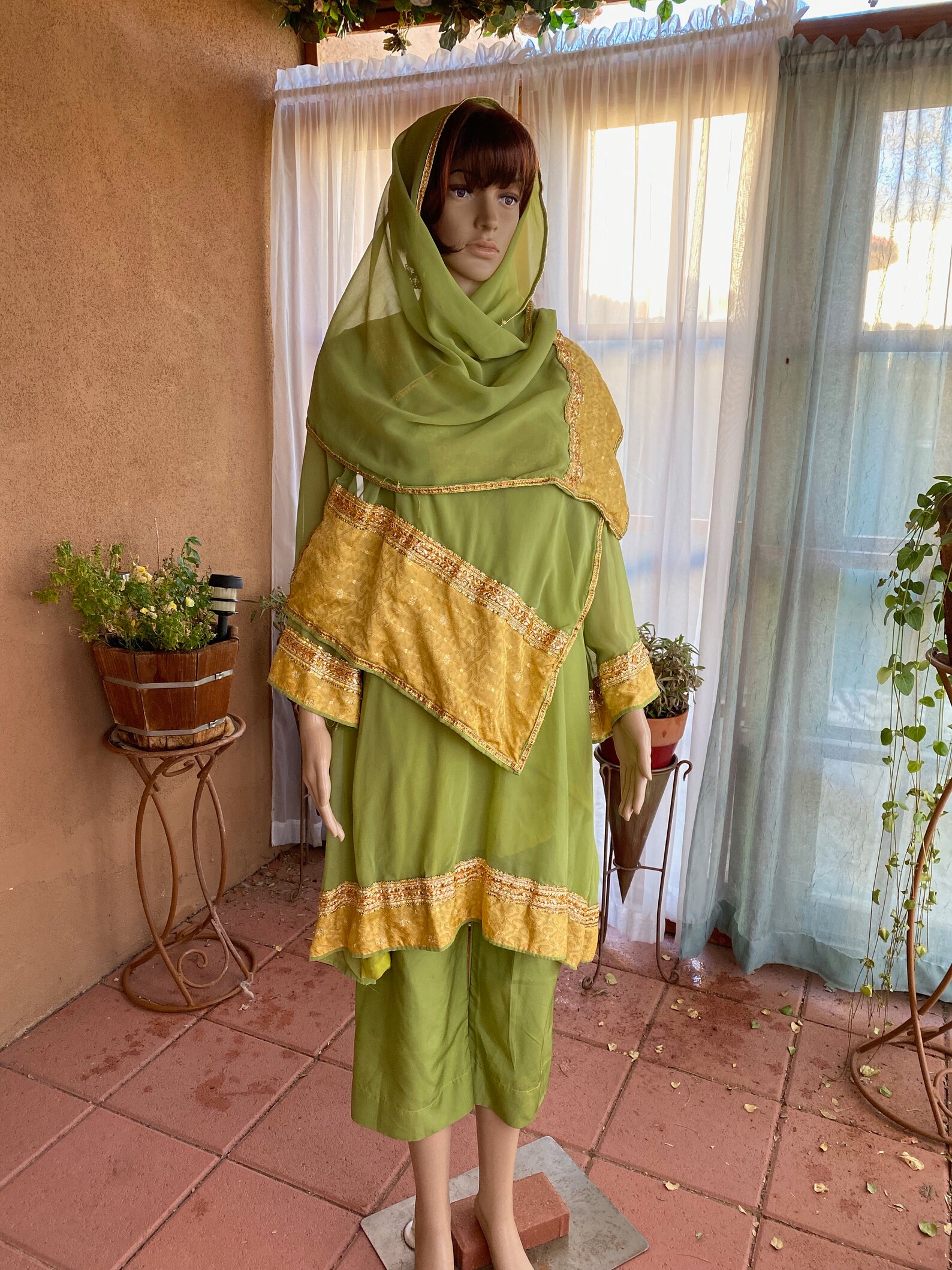 Sheer Indian Pakistani Punjabi three Pieces Green and Gold - Etsy