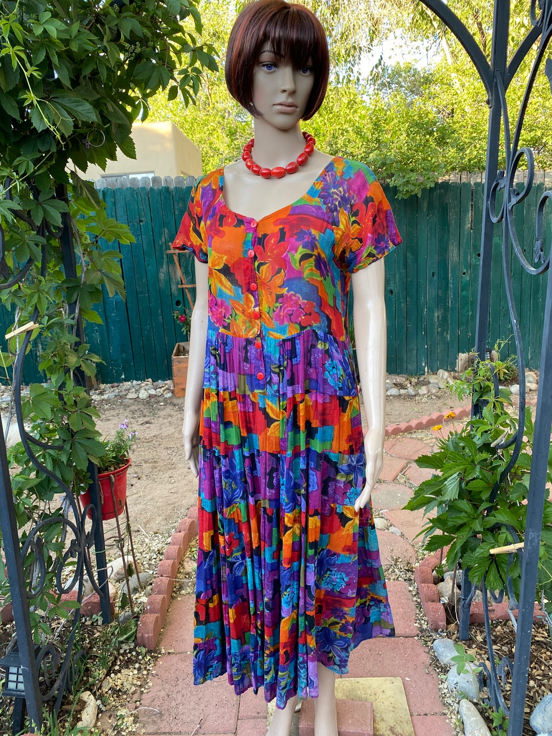 VINTGE 80'S - BILA Multicolors Rayon Full Skirt Dress, Round Neck ...