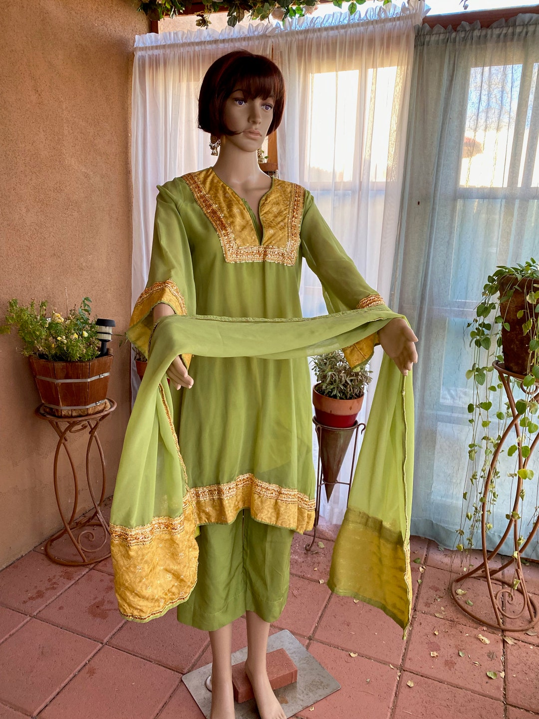 Sheer Indian Pakistani Punjabi three Pieces Green and Gold Set - Etsy