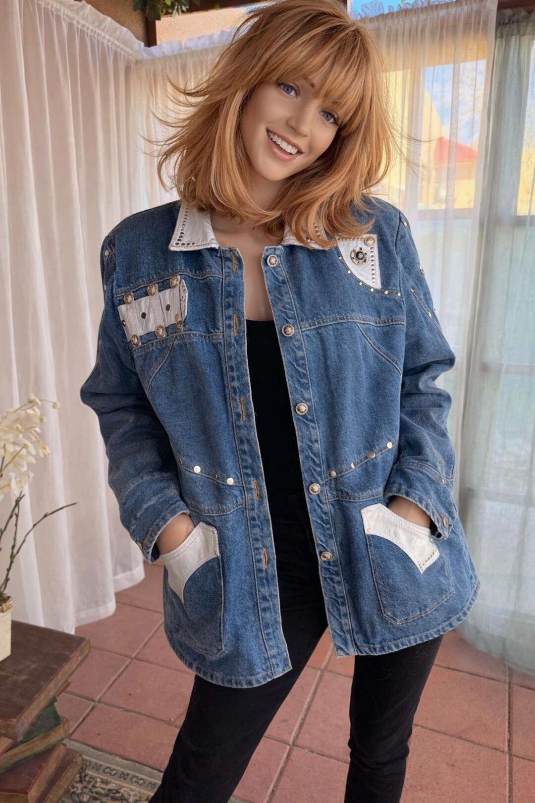 Vintage 80s Denim Jacket: Silver Leather Patches, Snap Buttons (med) - Etsy