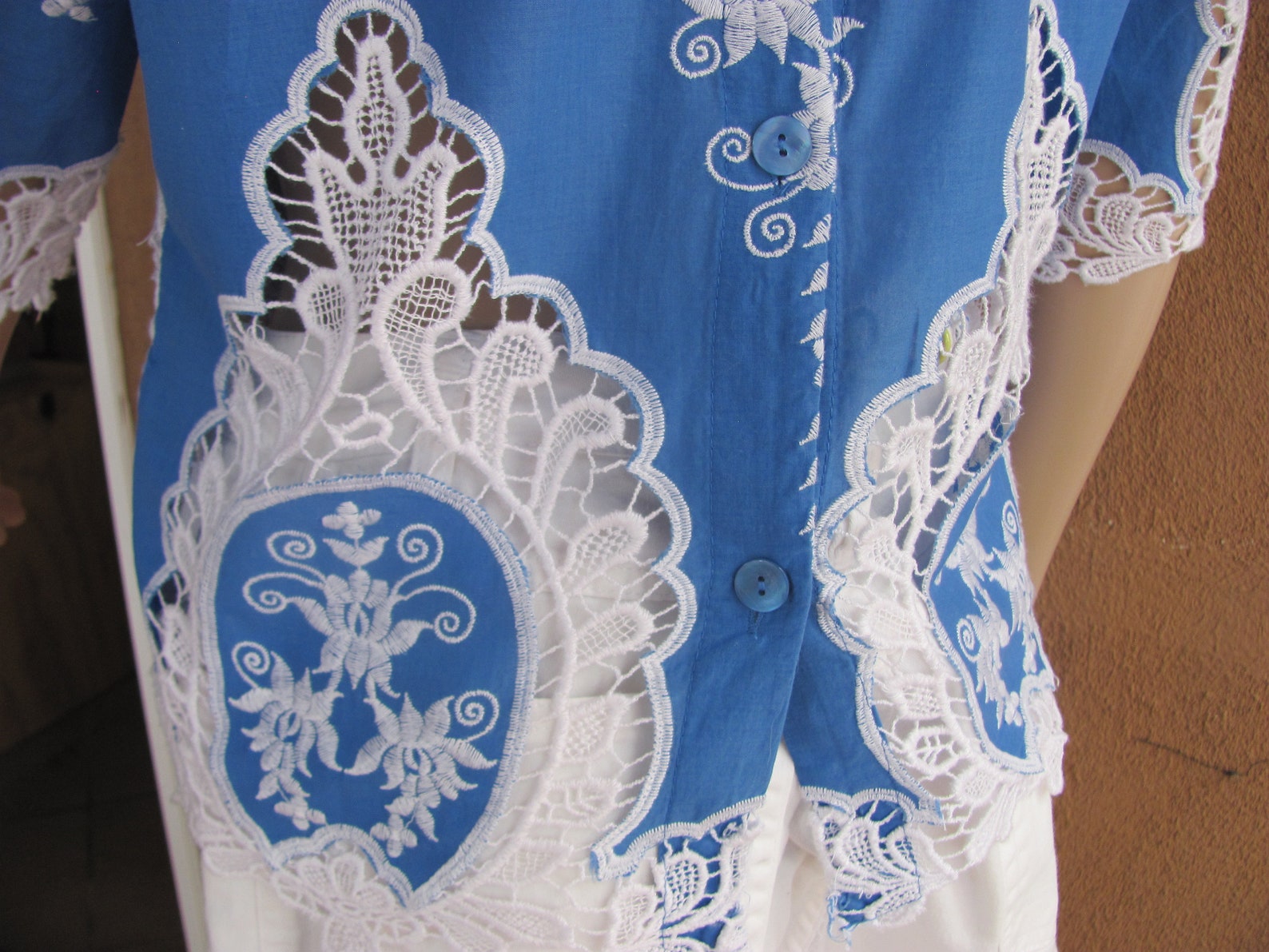 Lovely Cerulean Blue Short Sleeves Blouse With White Lace - Etsy