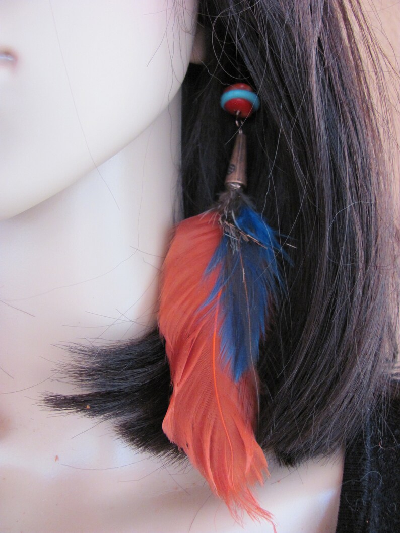 Vintage 1970's Style - Long Double Feathers Dangling Earrings ...
