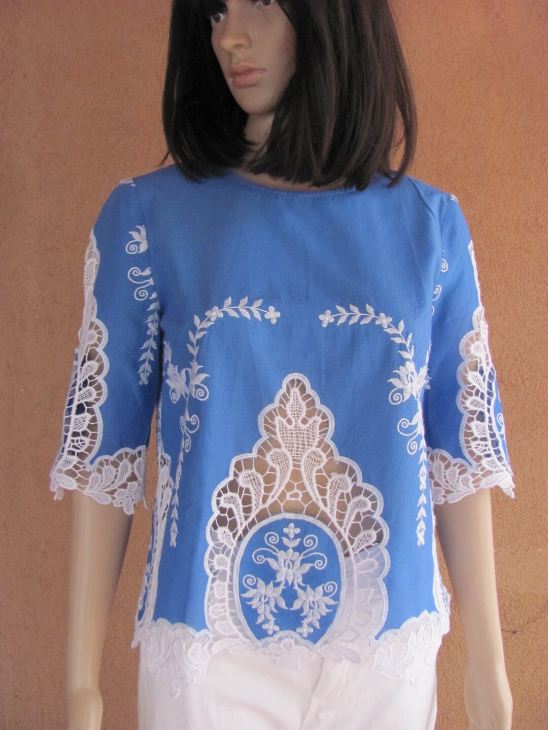 Lovely Cerulean Blue Short Sleeves Blouse With White Lace Embroidery - Etsy