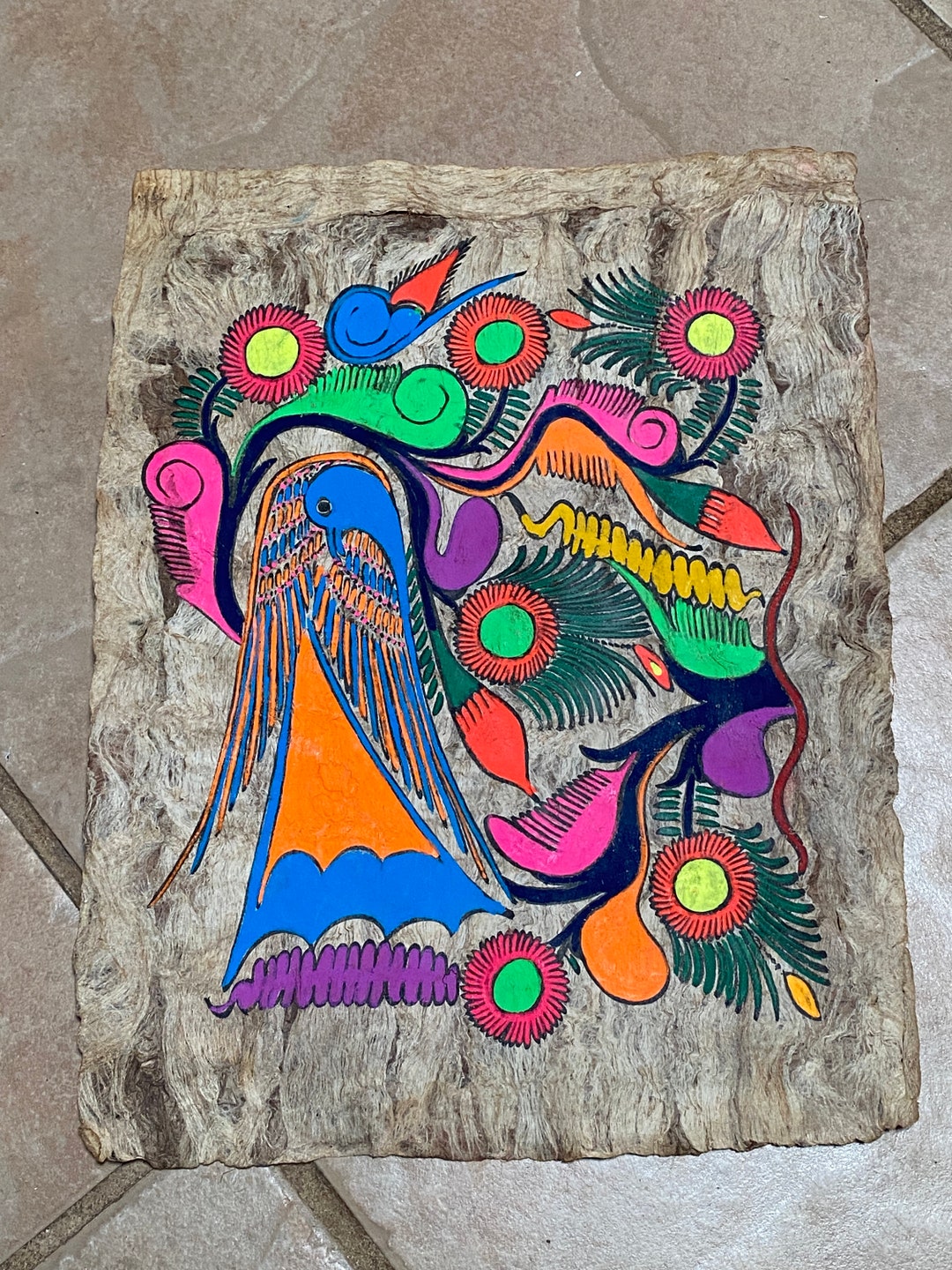 Vintage AMATE Mexican Folk Bark Painting. Colorful Birds and Foliage. 9 ...