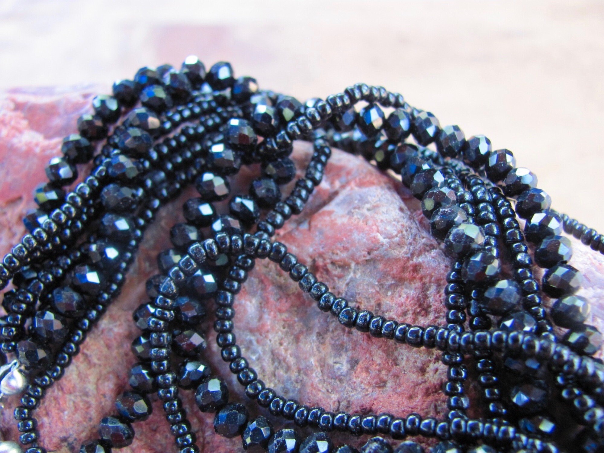 Vintage 90's - Multi Strands Jet Beads Long Choker Necklace With ...