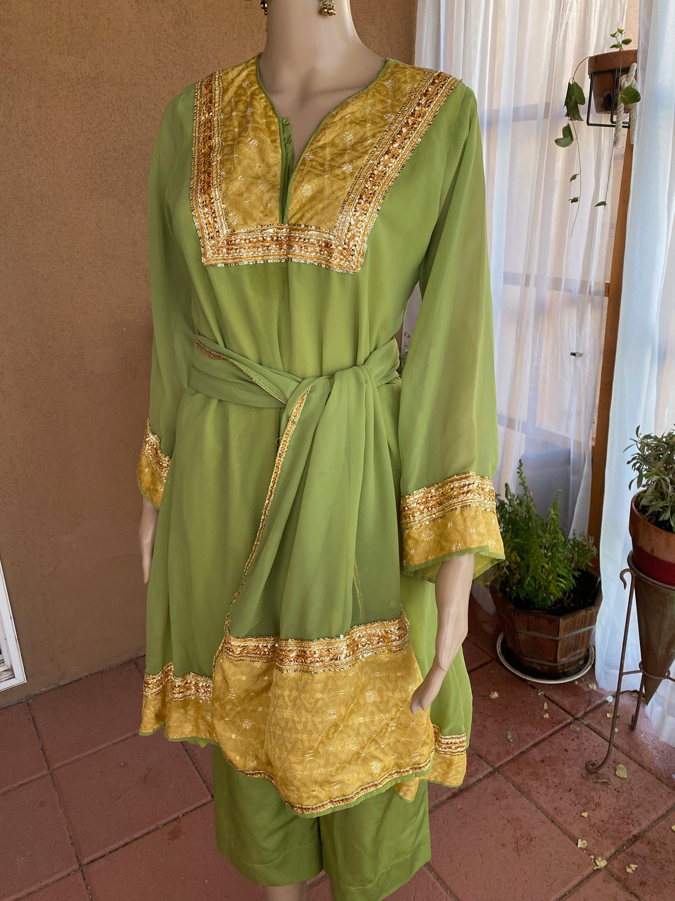 Sheer Indian Pakistani Punjabi three Pieces Green and Gold Set - Etsy