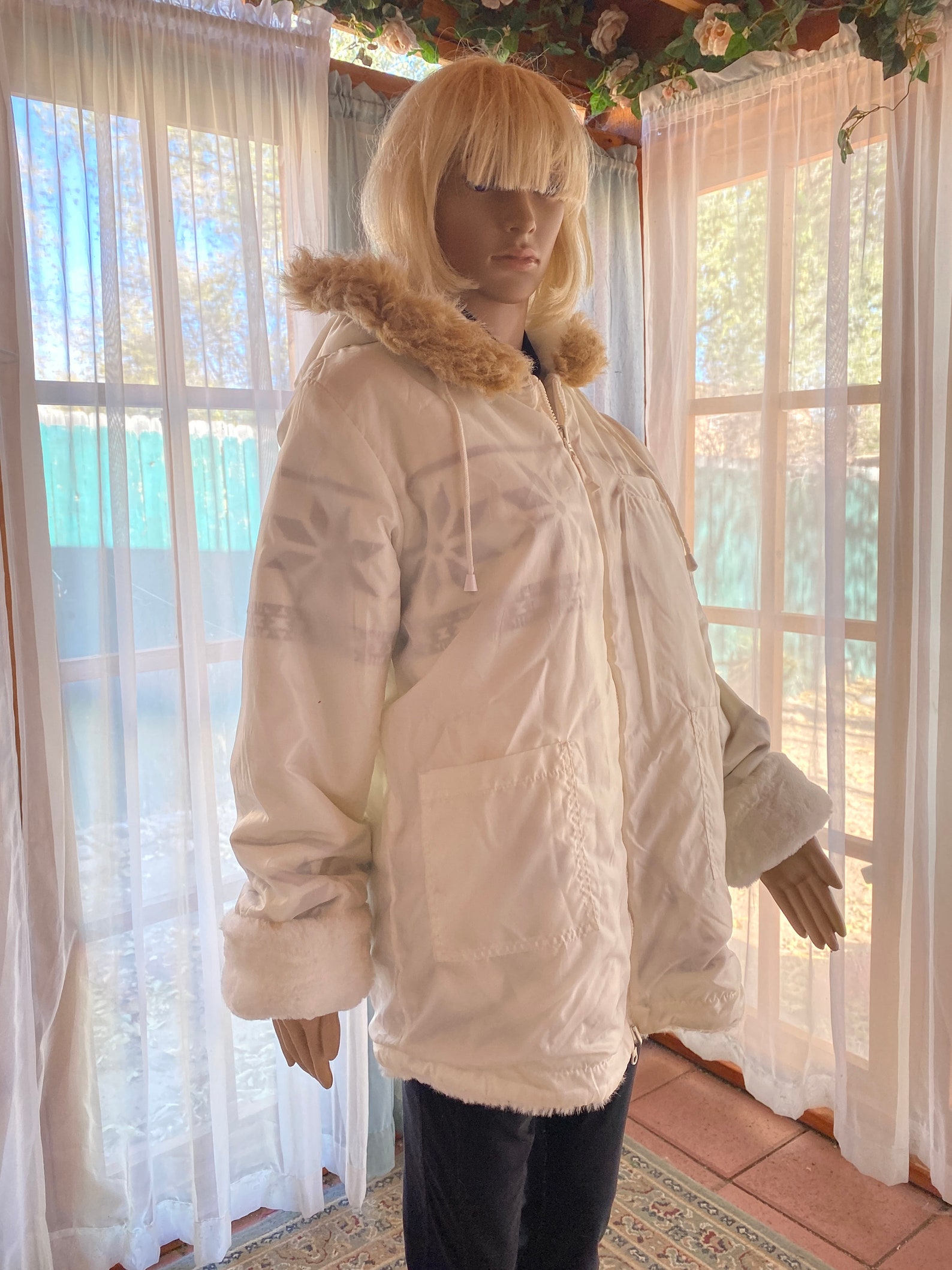 Faux Fur White Coat With Snow Flakes, REVERSIBLE as Rain Coat, Pockets ...