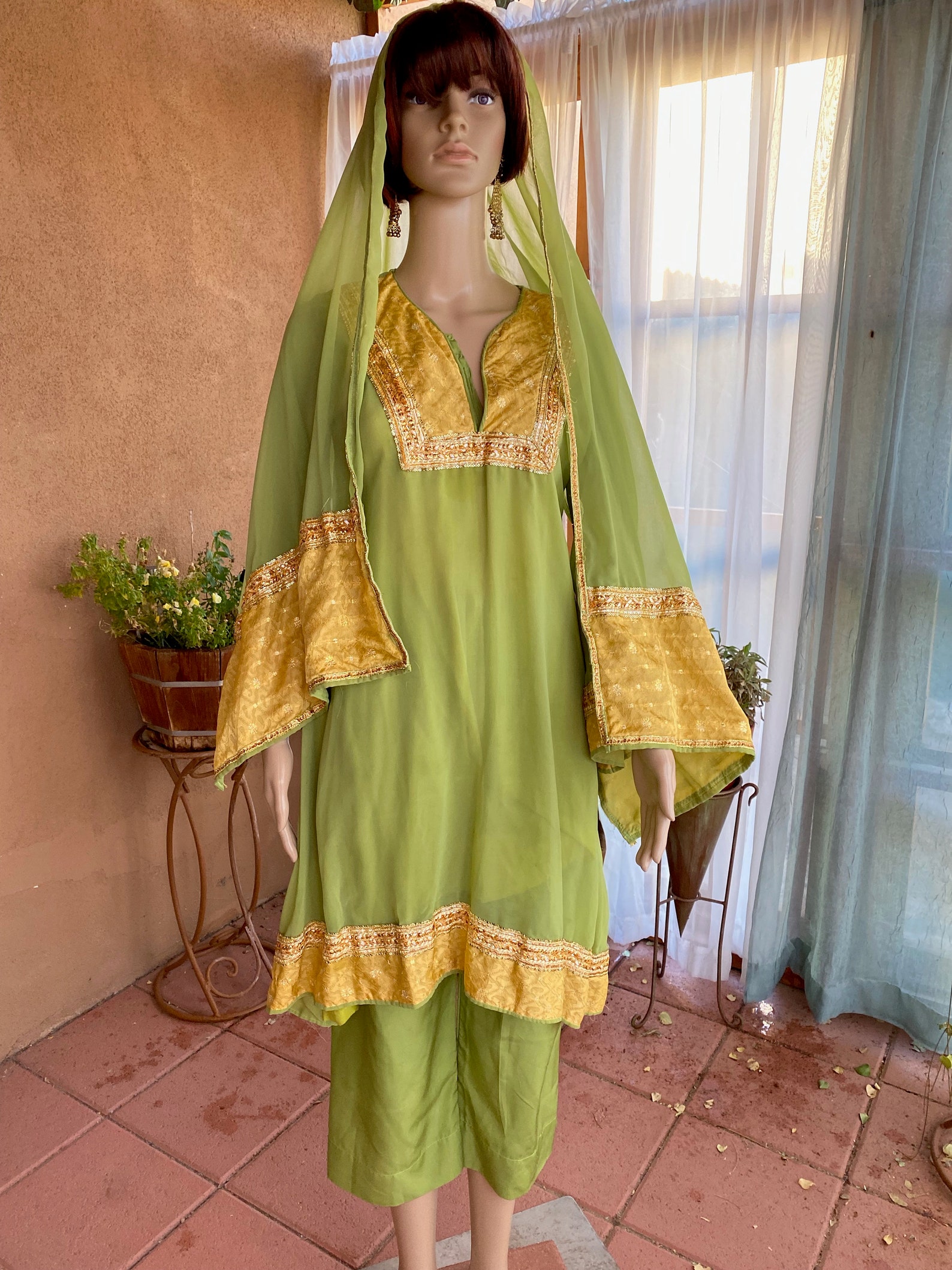 Sheer Indian Pakistani Punjabi three Pieces Green and Gold Set - Etsy
