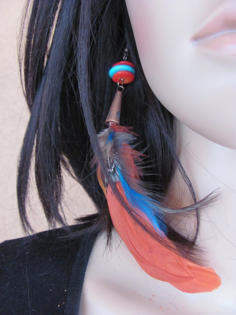 Vintage 1970's Style - Long Double Feathers Dangling Earrings ...