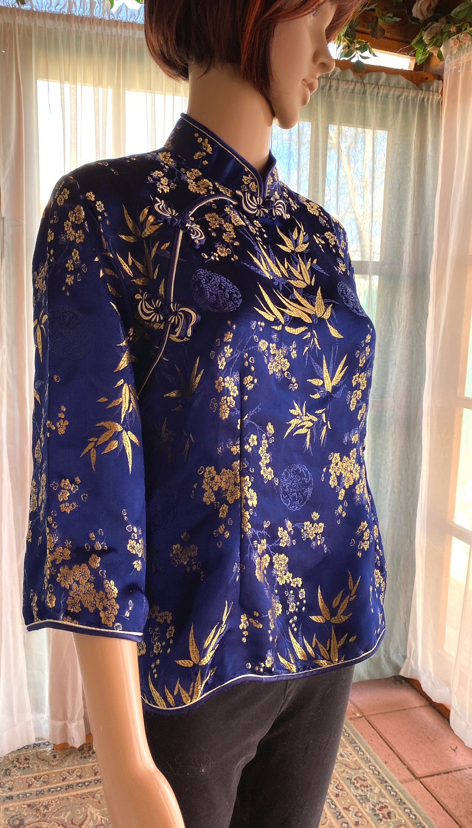 Royal Blue and Gold Chinese/asian Cheongsam Short Satin Jacket / Blouse ...