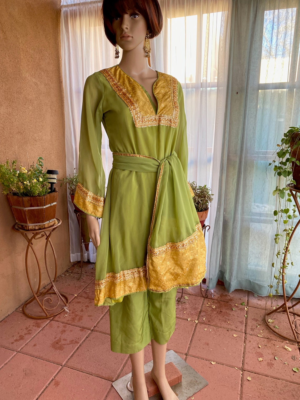 Sheer Indian Pakistani Punjabi three Pieces Green and Gold - Etsy