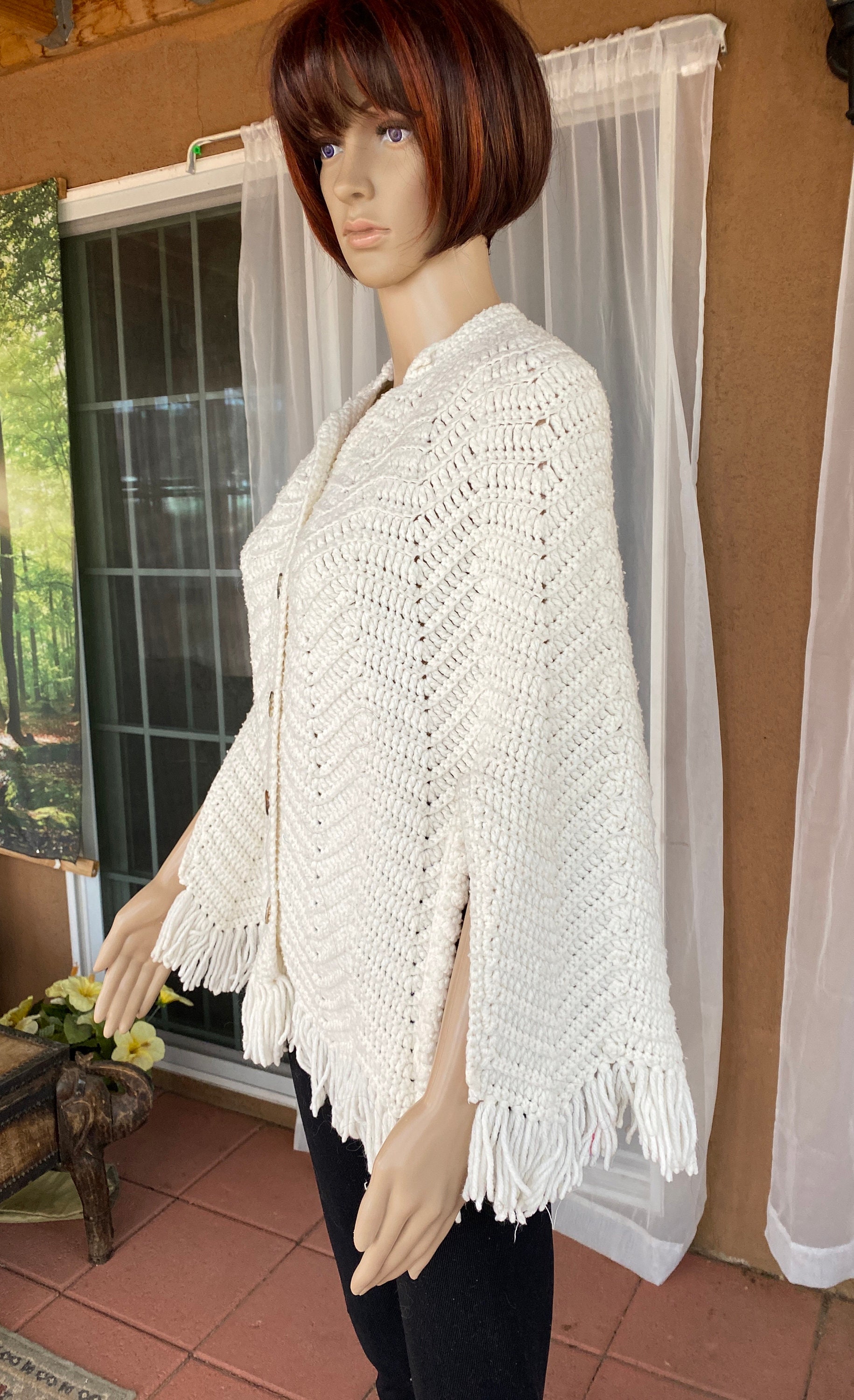Vintage 70's Hand Knit Crochet White Poncho With Hands Slits and Front ...