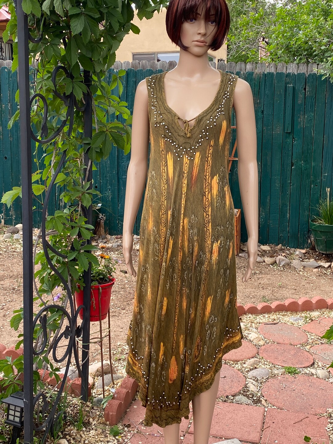 Flowing Bell Shape Dress, Olive Green, Brown Swatches, Sequins on V ...
