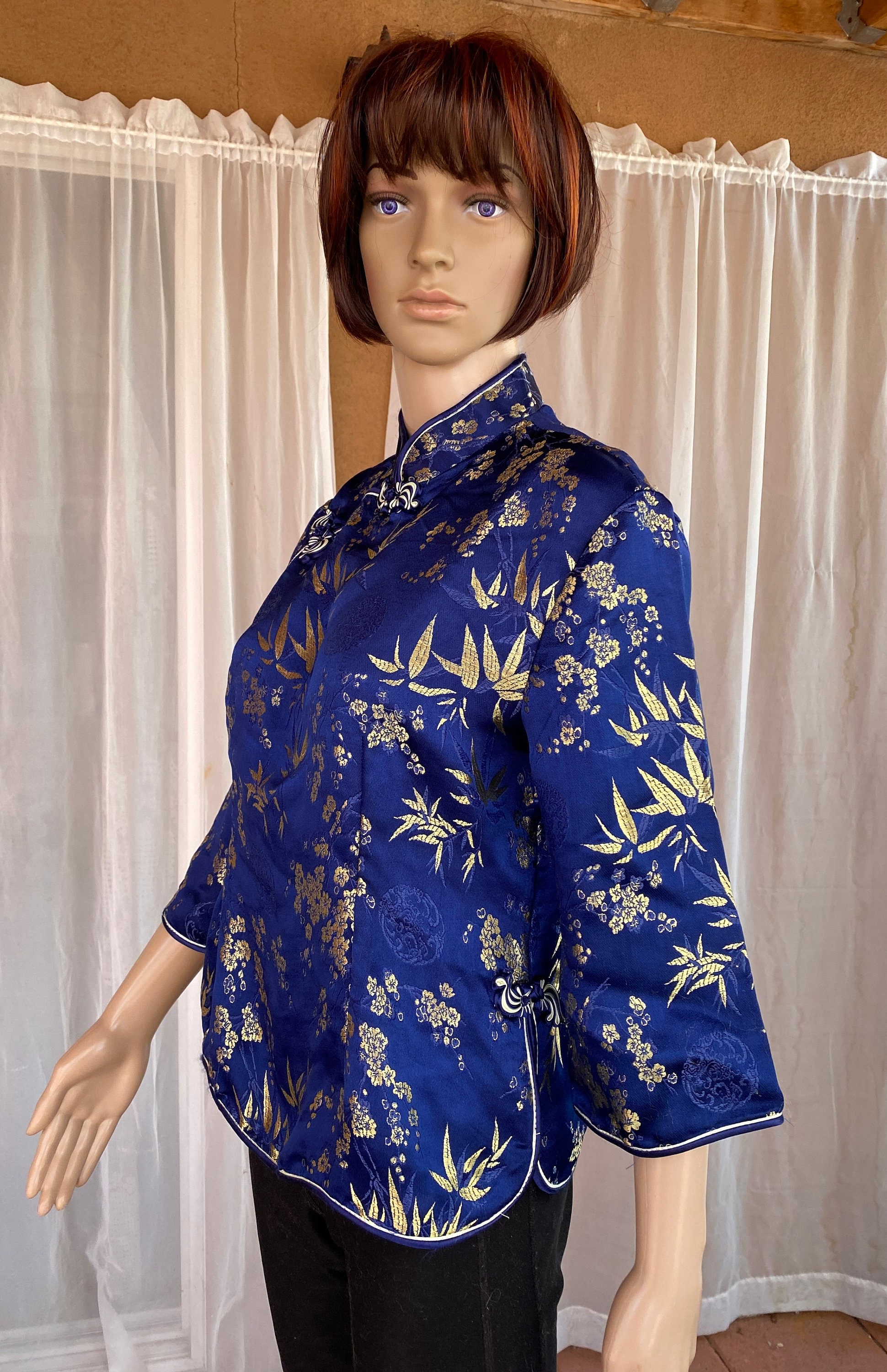 Royal Blue and Gold Chinese/asian Cheongsam Short Satin Jacket / Blouse ...