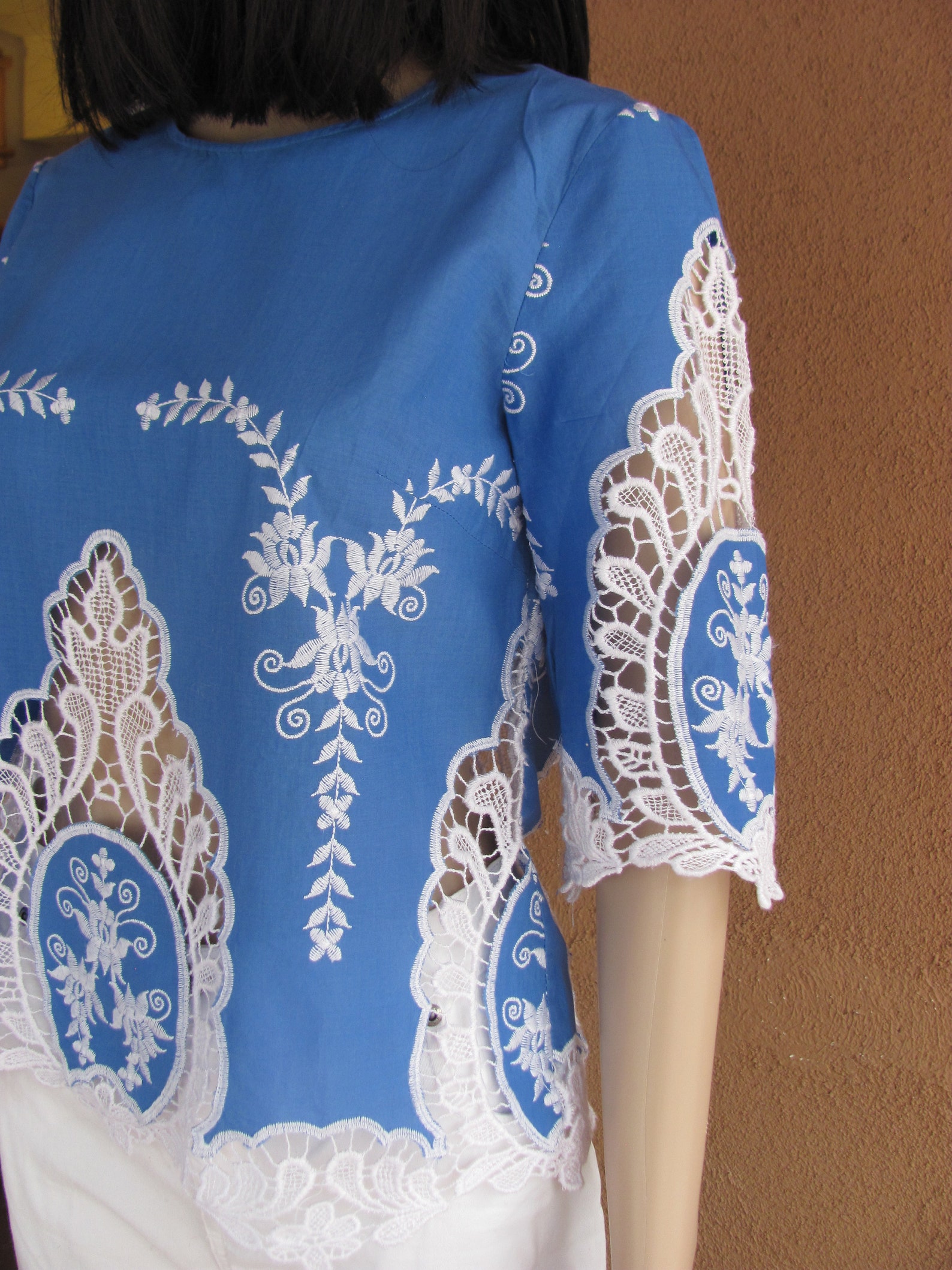 Lovely Cerulean Blue Short Sleeves Blouse With White Lace - Etsy