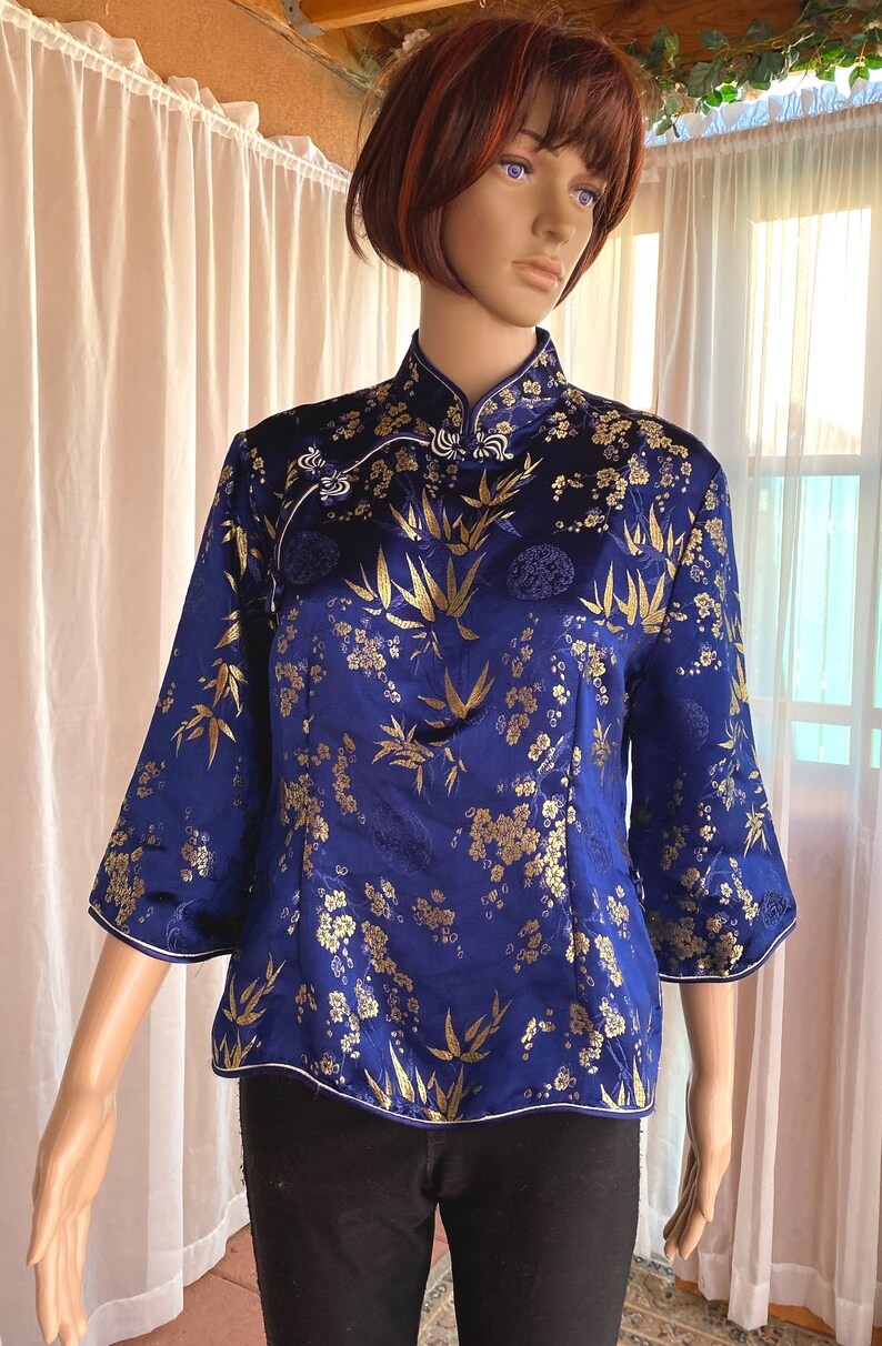 Royal Blue and Gold Chinese/asian Cheongsam Short Satin Jacket / Blouse ...