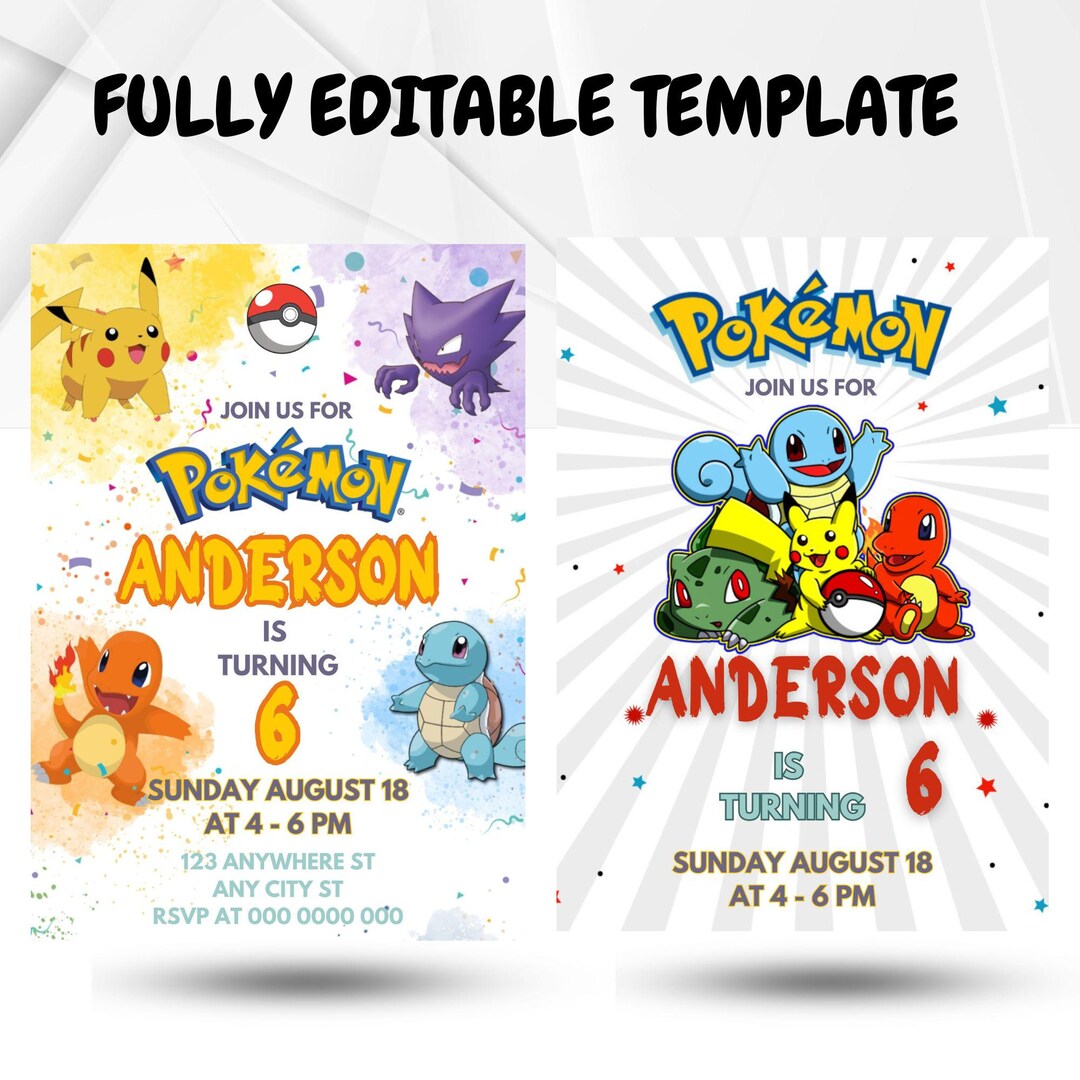 Editable Pokemon Card Invitation, Pokemon Birthday Invitation, Pikachu ...