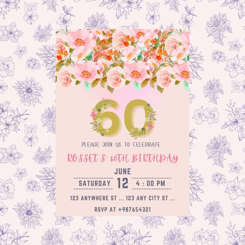 Editable Floral 60th Birthday Party Invitation Download Printable ...